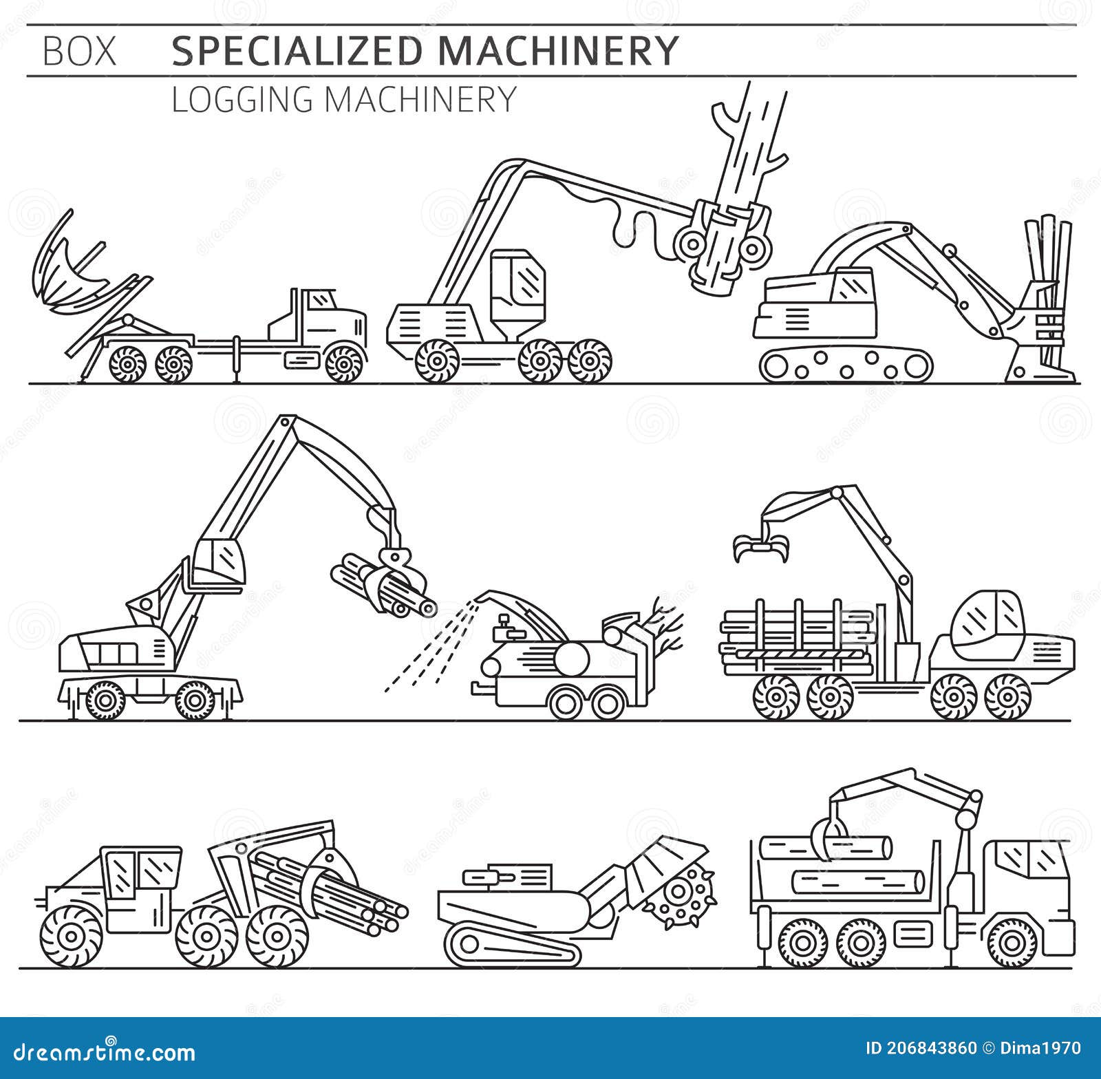 Special Industrial Logging Machine Linear Vector Icon Set Isolated on ...
