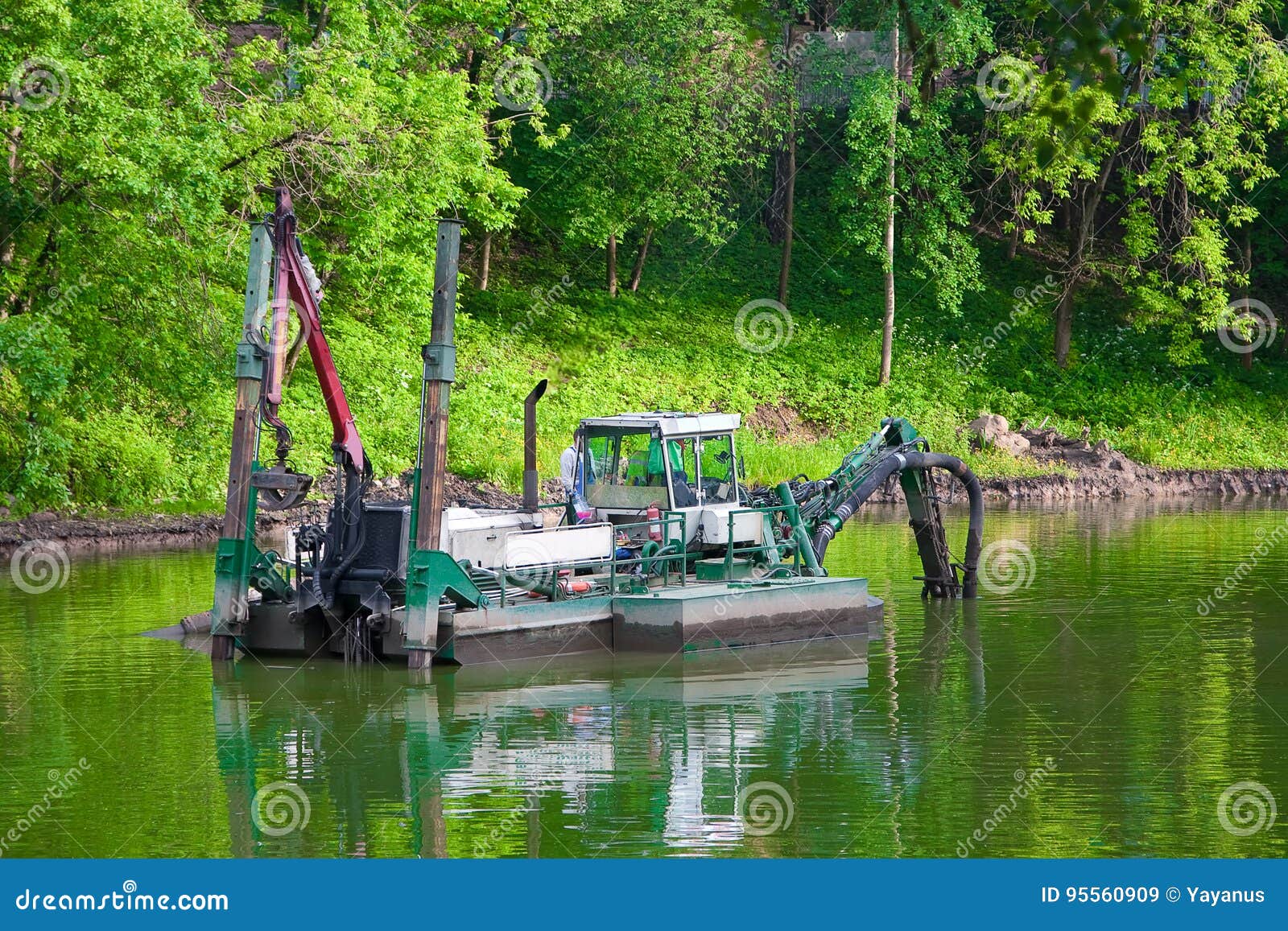 Special Ship, Working Platform in Use on a Small Pond. Clearing ...