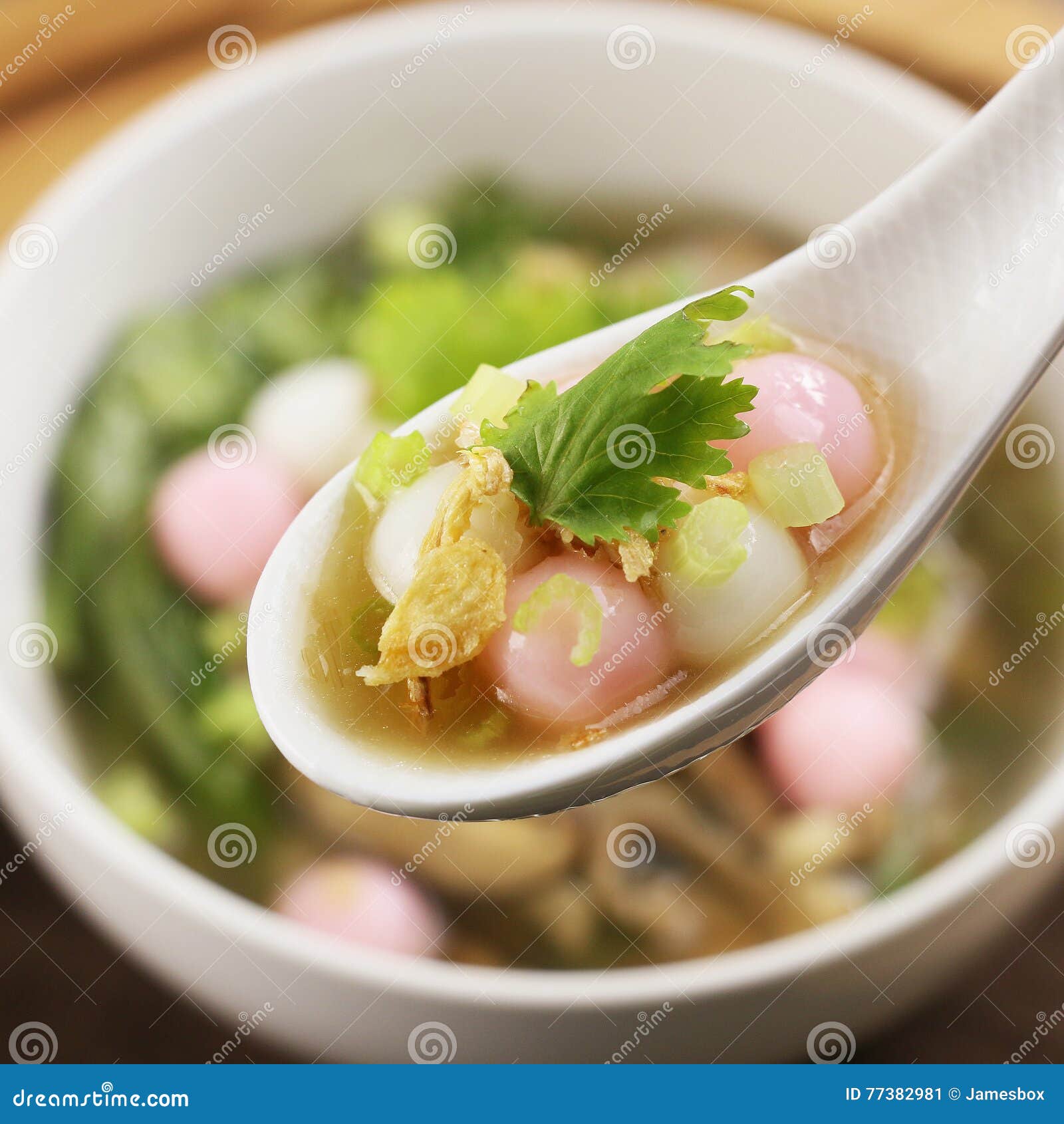 Special Soup of Rice Ball with Herbs on White Spoon Stock Image - Image ...