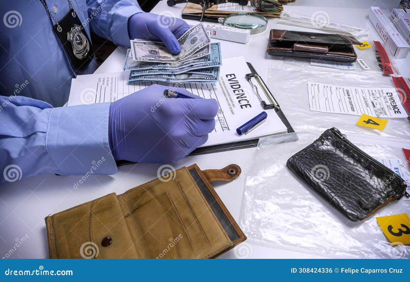 Specialised Police Officer Notes Dollar Banknote Reference of a Robbery ...