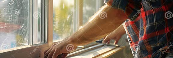 A Specialist Adjusting a Window Frame during Installation, Emphasizing ...