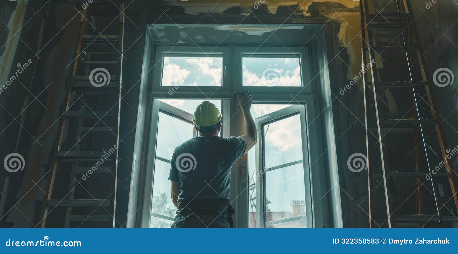 A Specialist Adjusting a Window Frame during Installation, Emphasizing ...