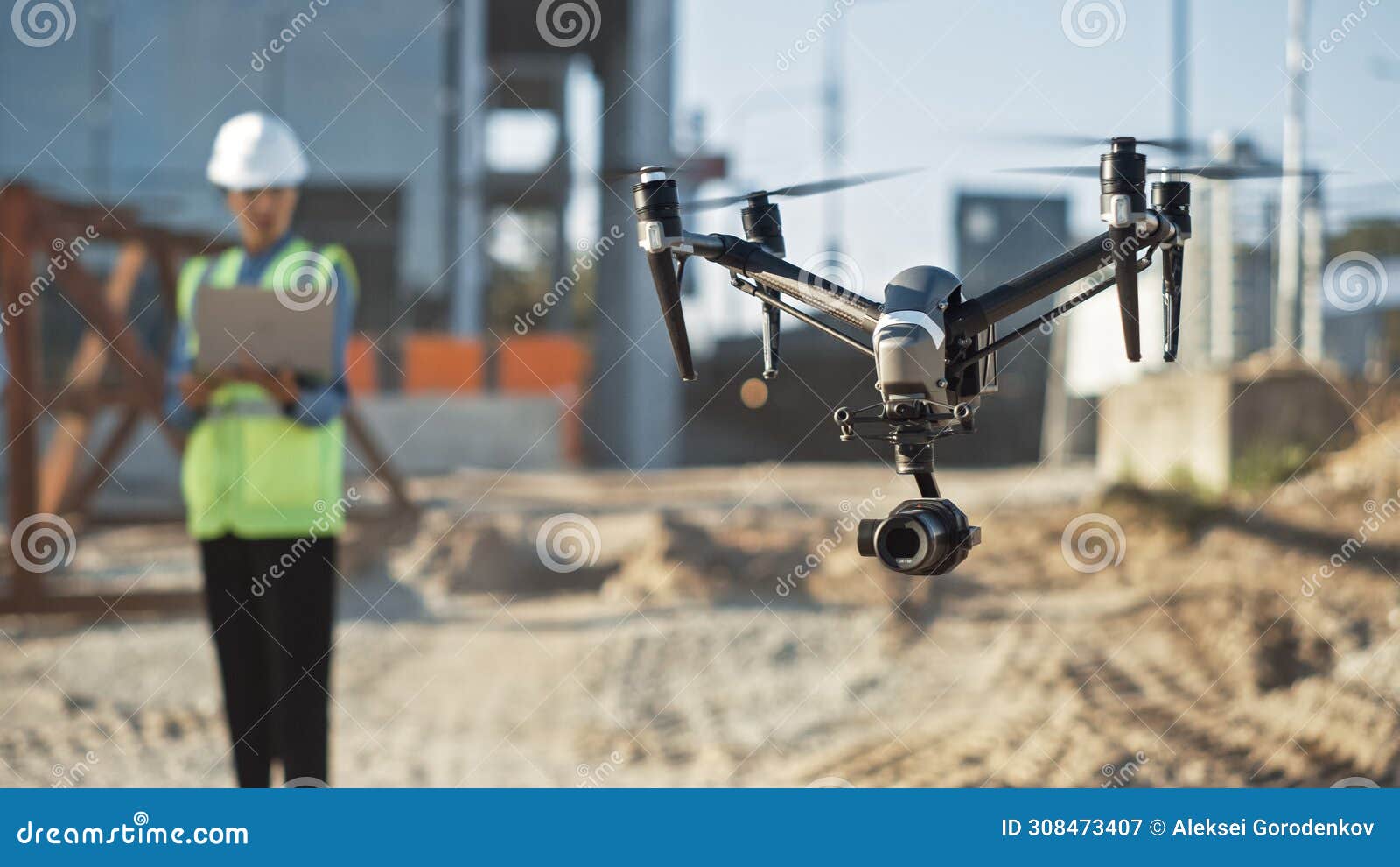 Specialist Controlling Drone on Construction Site. Architectural ...