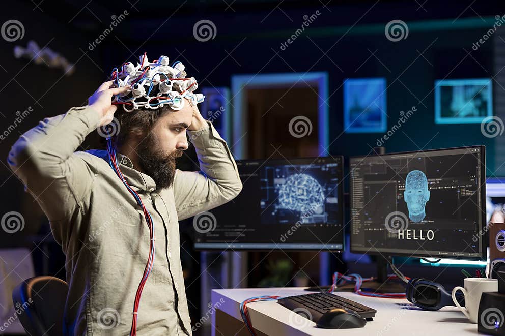 It Specialist Putting EEG Headset on To Communicate with Artificial ...