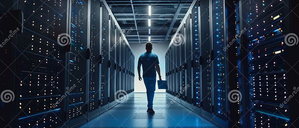 It Specialist Walks Along Row of Operational Server Racks Using Laptop for Maintenance. Concept ...