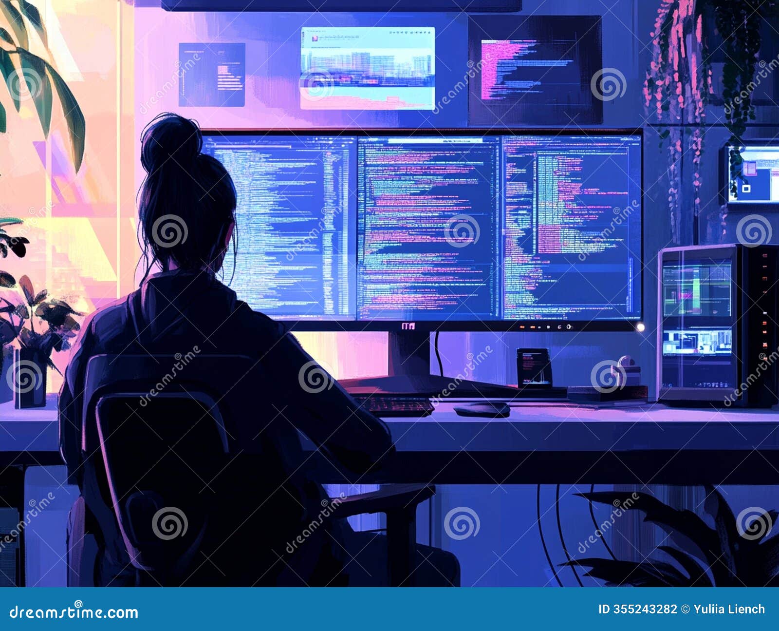 Silhouette of a Female Programmer Working on a Computer Stock ...