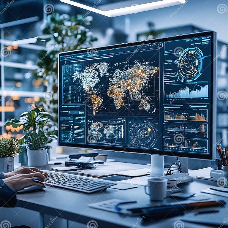 It Specialist Working on Computer Showing Global Map and Data Analysis in Control Center Stock ...