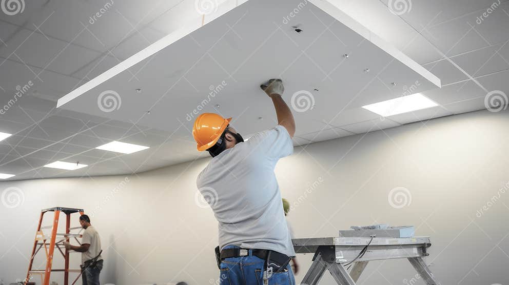 Specialized Technicians Executing a Precision Ceiling Panel ...