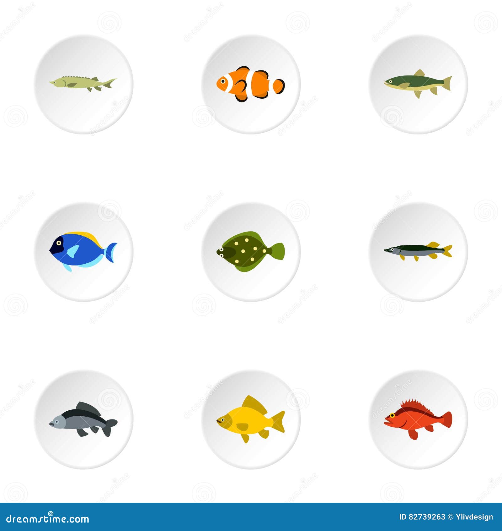 Species of Fish Icons Set, Flat Style Stock Vector - Illustration of ...