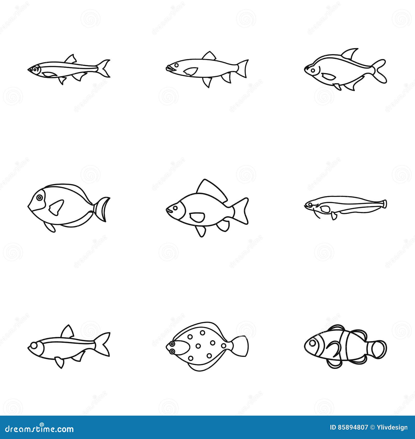 Species of Fish Icons Set, Outline Style Stock Vector - Illustration of ...