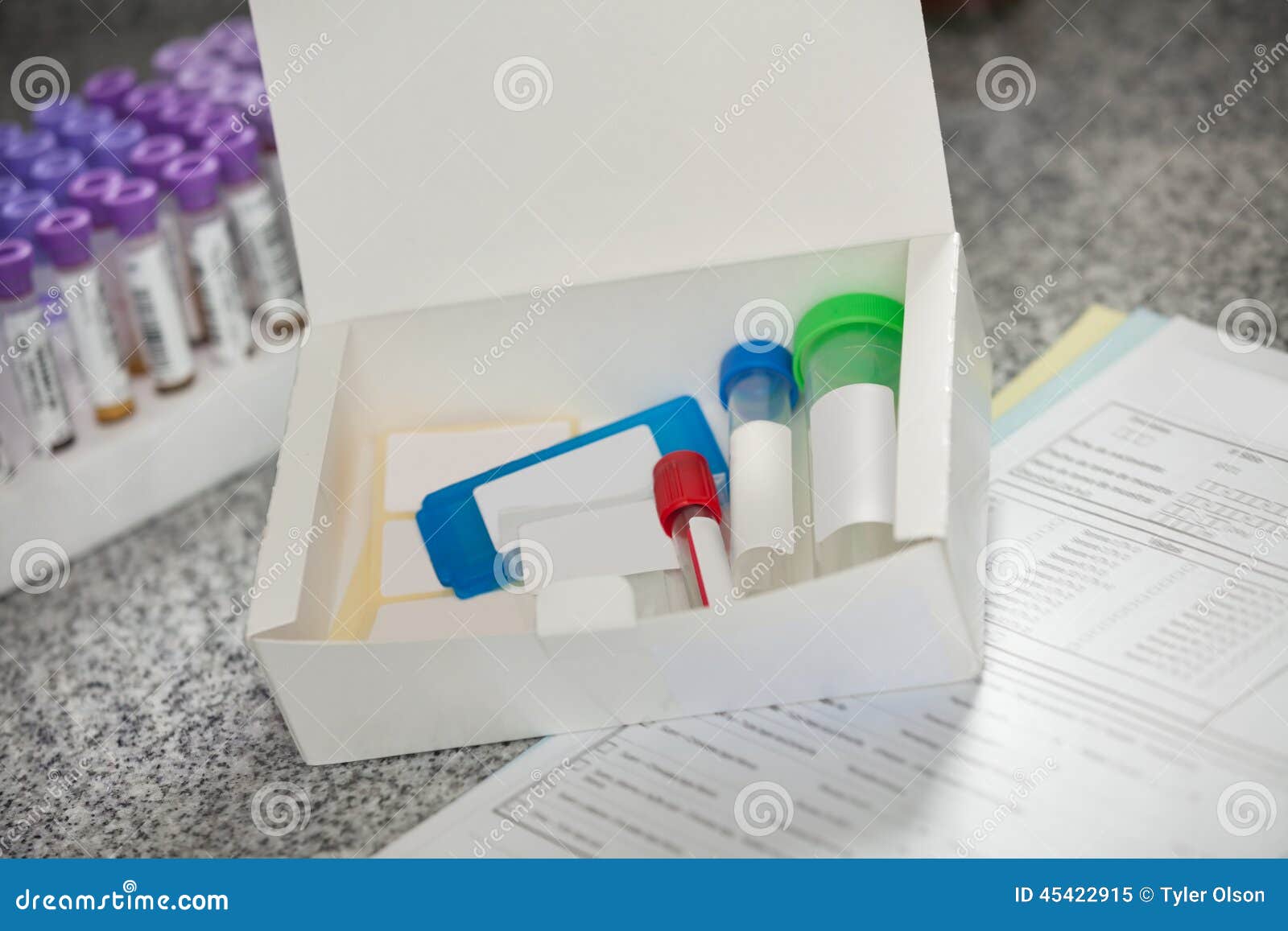 Specimen Bottles and Documents in Lab Stock Image - Image of record ...