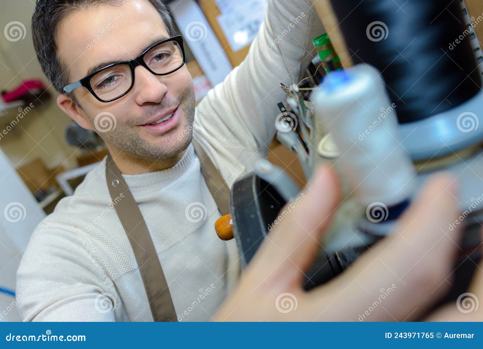 Spectacled Man Threading Up Sewing Machine Stock Image - Image of ...