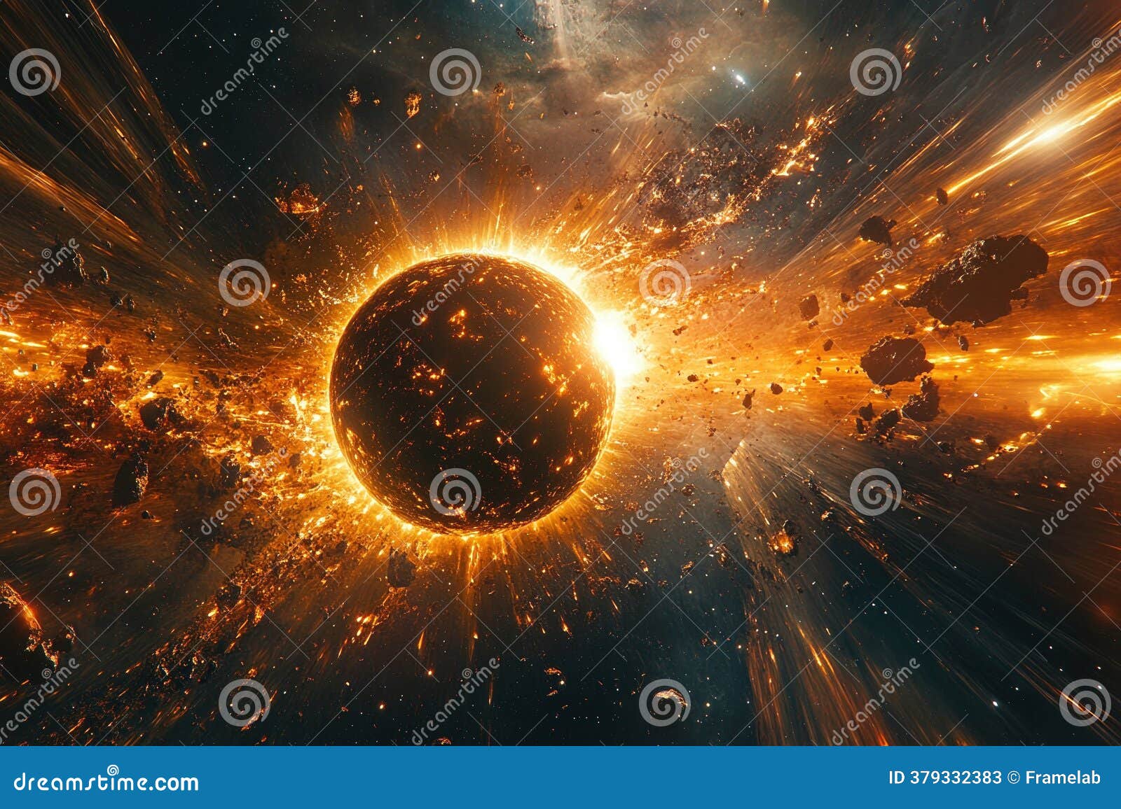 Fiery Solar Explosion With Swirling Gas And Floating Asteroids In Outer ...