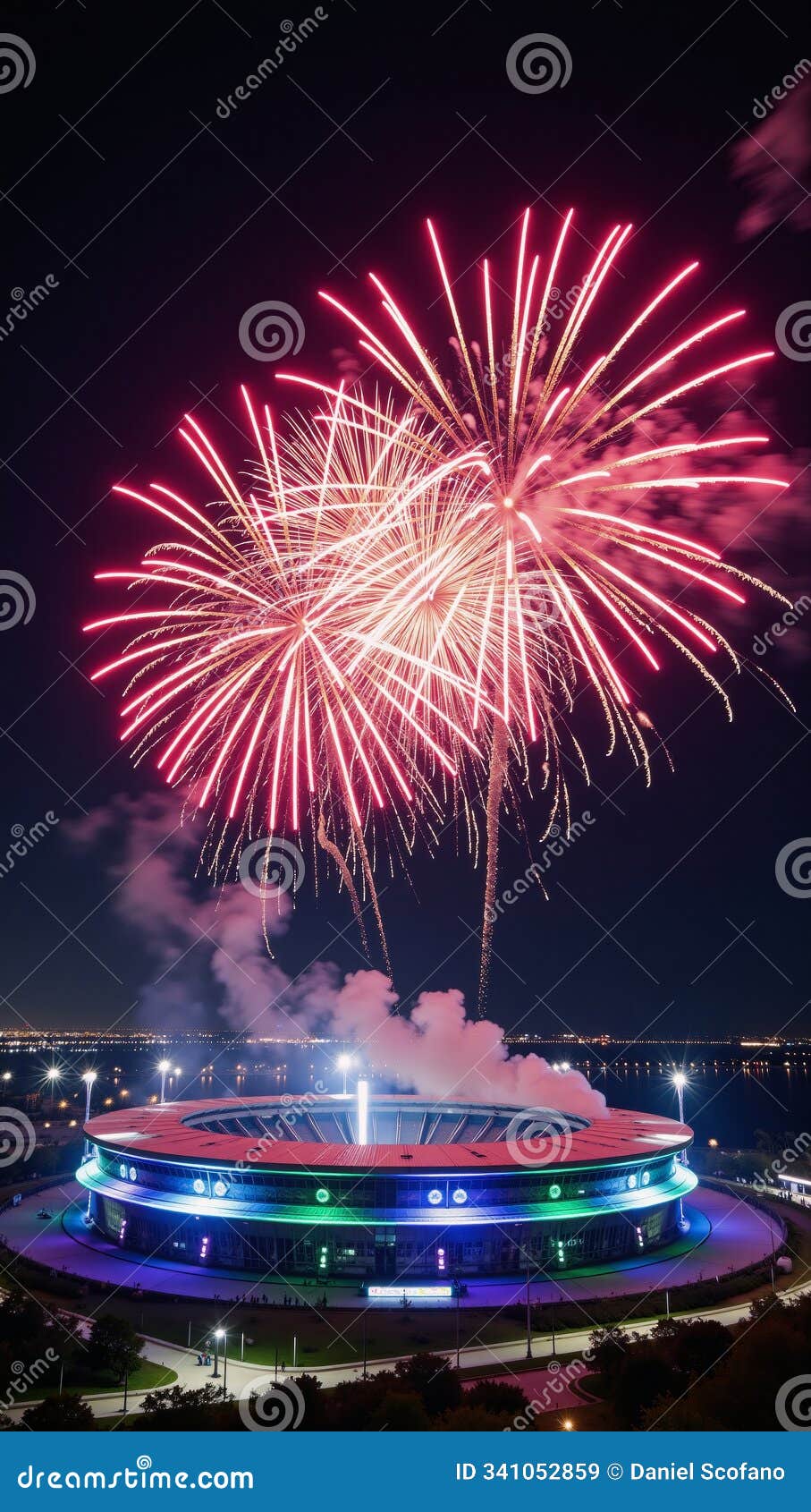 Spectacular Firework Display Above a Football Stadium Stock ...