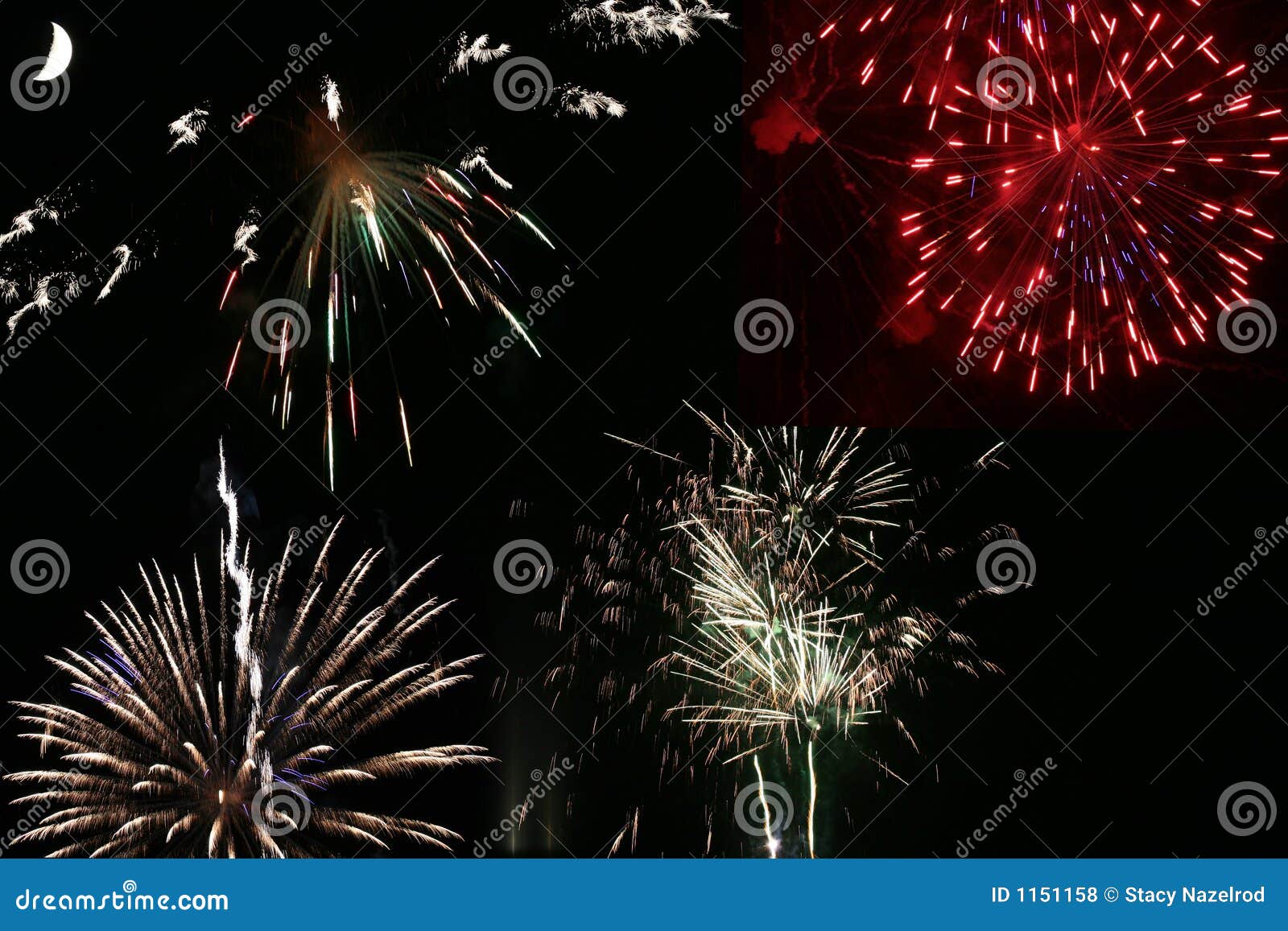 Spectacular Fireworks with Moon Stock Photo - Image of light, colour ...