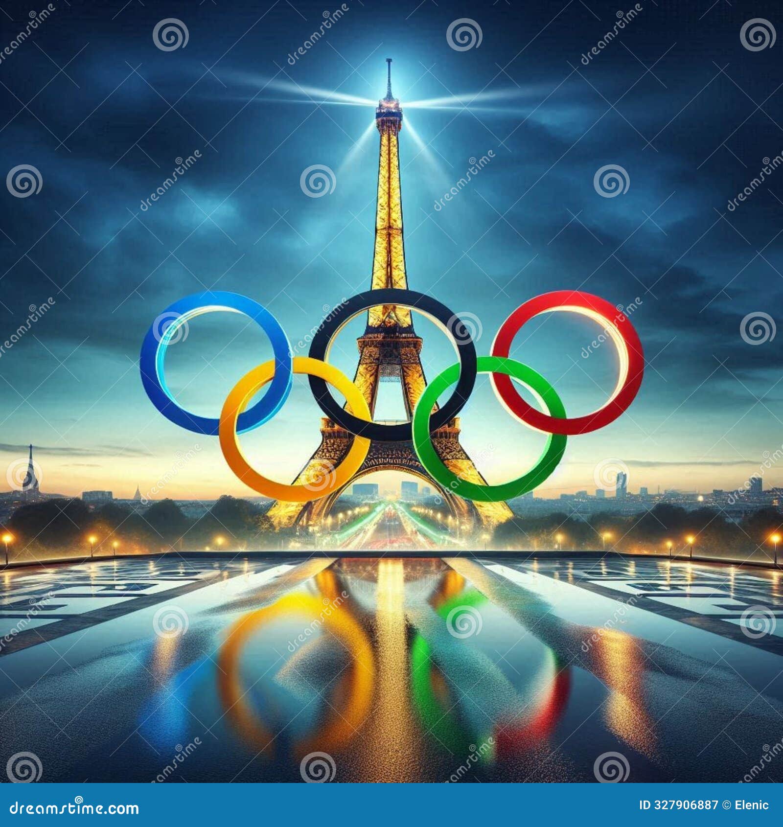 Spectacular Nighttime Display of Illuminated Olympic Rings. Stock ...