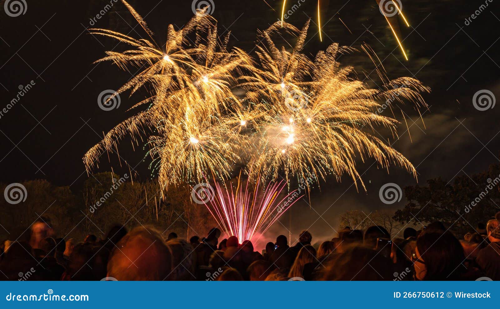 Spectacular View of a Crowd Watching Beautiful Fireworks Explode in a ...