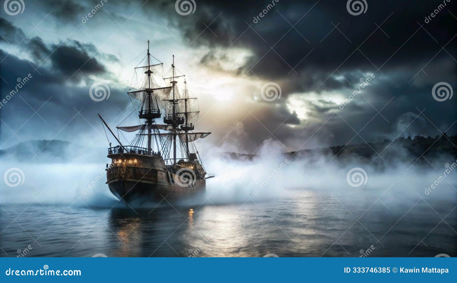 A Spectral Pirate Ship, Glowing With Eerie Green Lights, Sails Across A ...