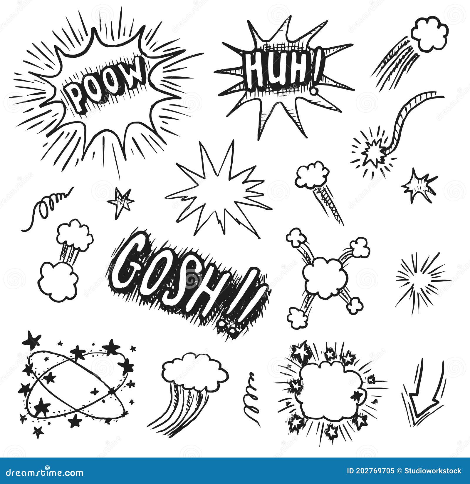 Set Of Doodle Comic Elements Cartoon Isolated On White Background With ...