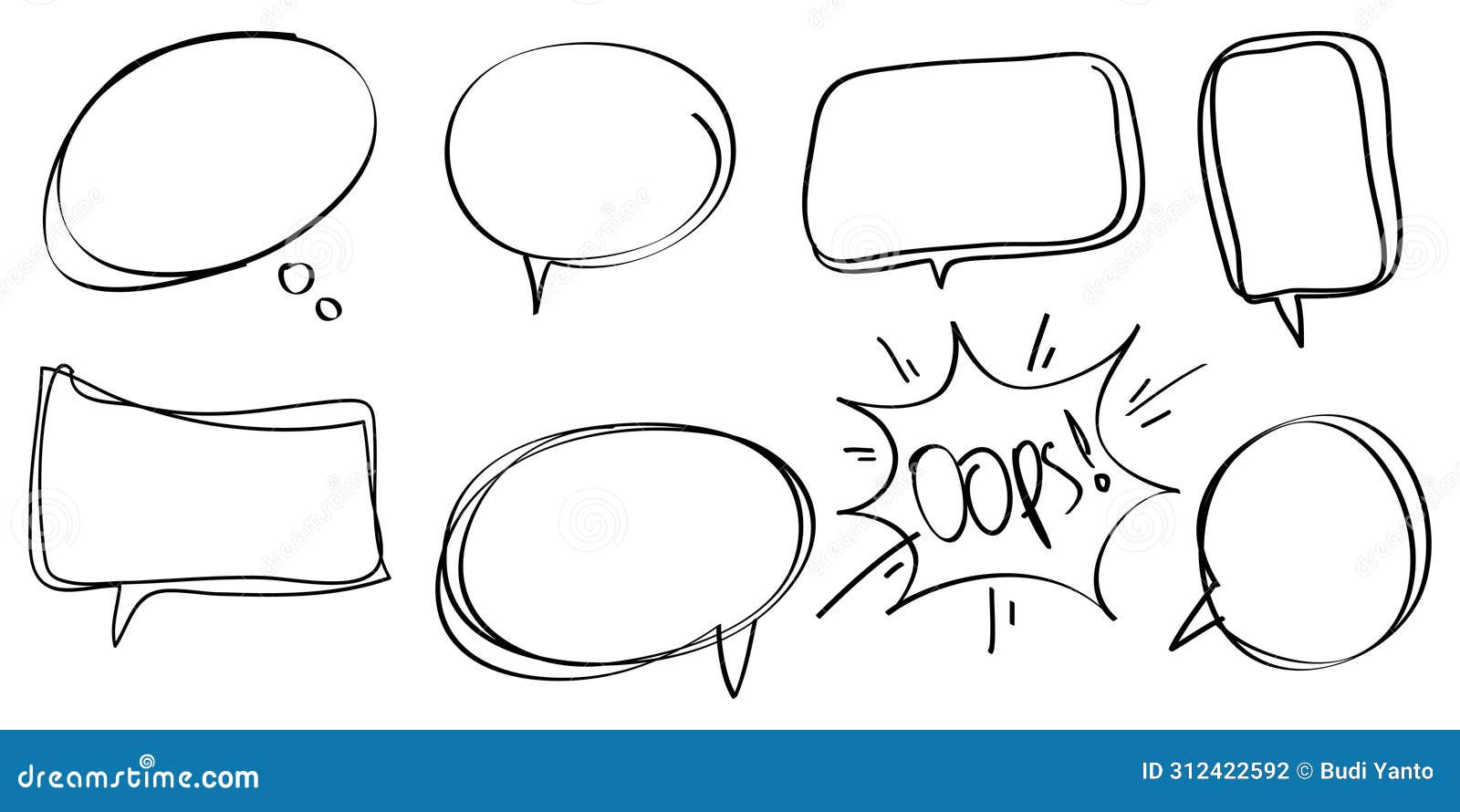Speech Bubbles Comic on Doodle Set. Isolated on White Background Stock ...