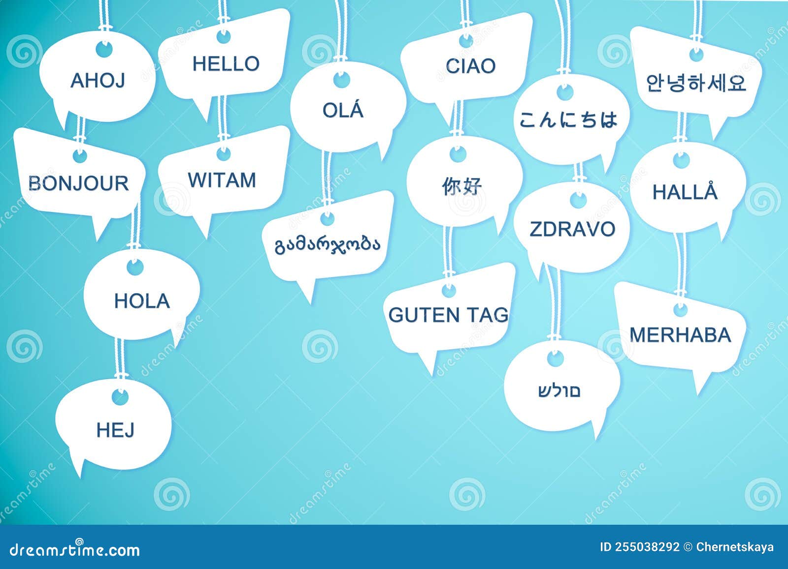 Speech Bubbles with Greeting Words in Foreign Languages on Light Blue ... Speech Bubbles with Greeting Words in Foreign Languages on Light Blue ...