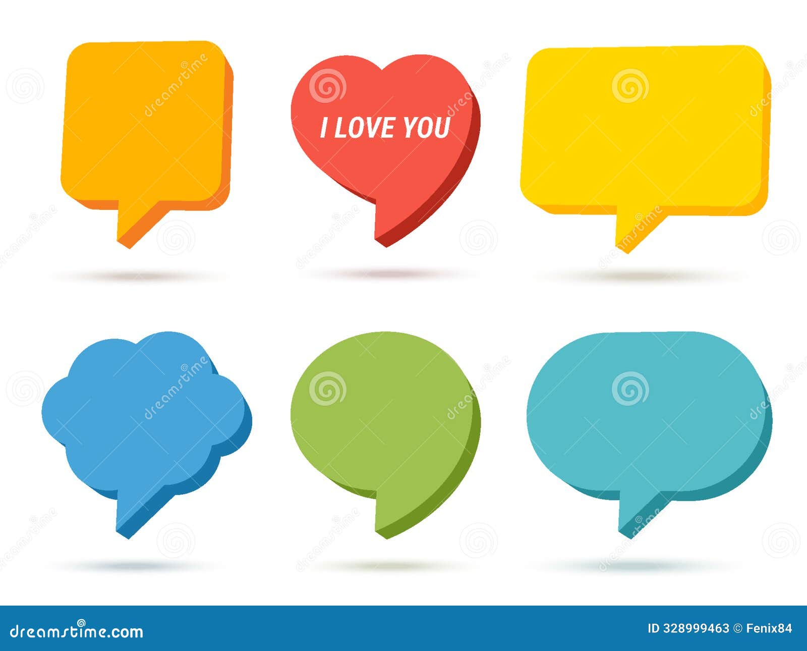 Speech Bubbles. Set of 3D Vector Shapes: Square, Rectangle, Heart, Circle, Oval, Cloud with ...