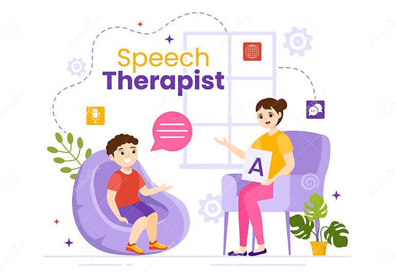 Speech Therapist Vector Illustration with Child Training Basic Language ...