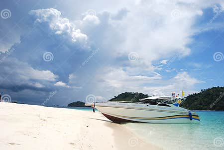 Speed boat on the beach stock image. Image of mountain - 14086927