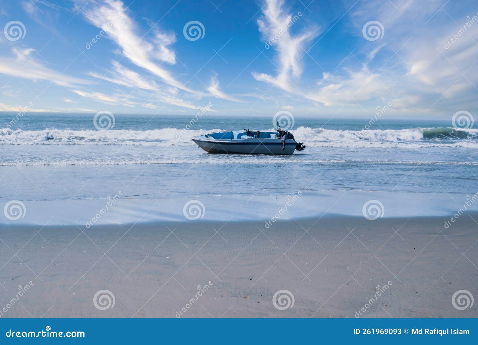 A Speed Boat on the Beach, Big Waves in the Sea. Stock Image - Image of ...