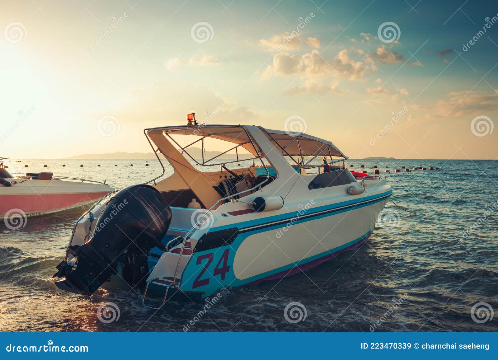 Speed Boat at the Sea Beach and Sunset Stock Image - Image of engine ...