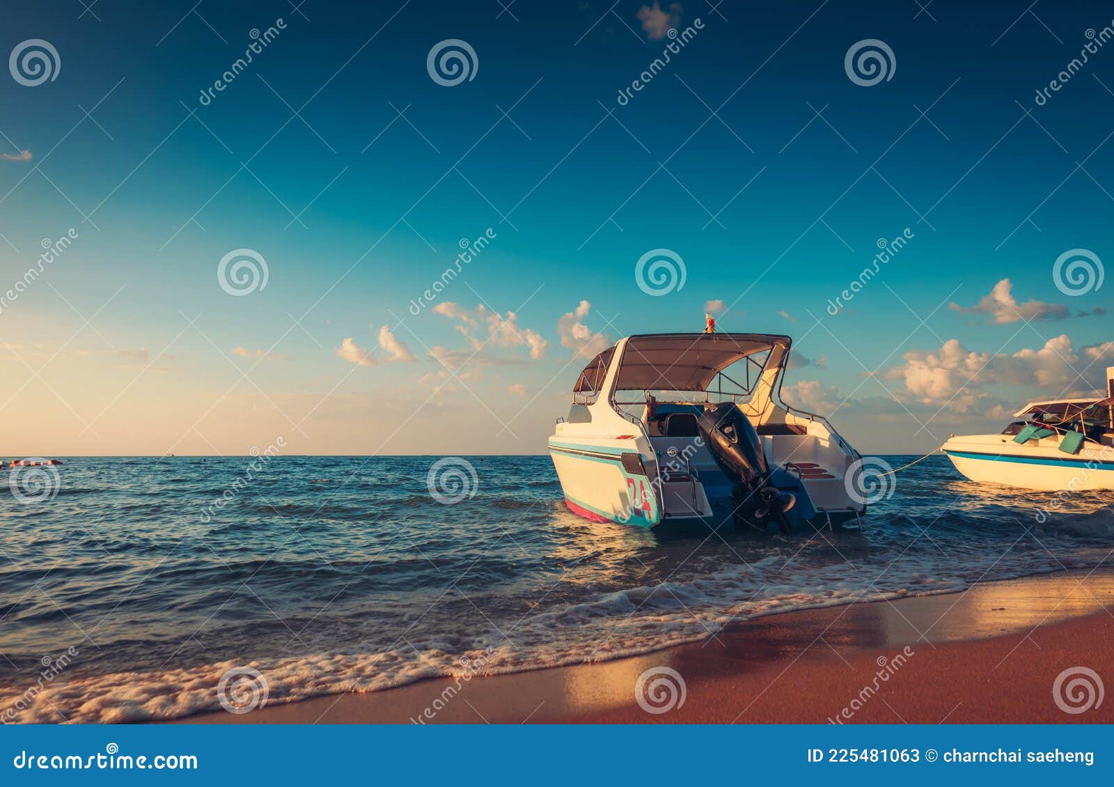 Speed Boat at the Sea Beach and Sunset Stock Image - Image of ...