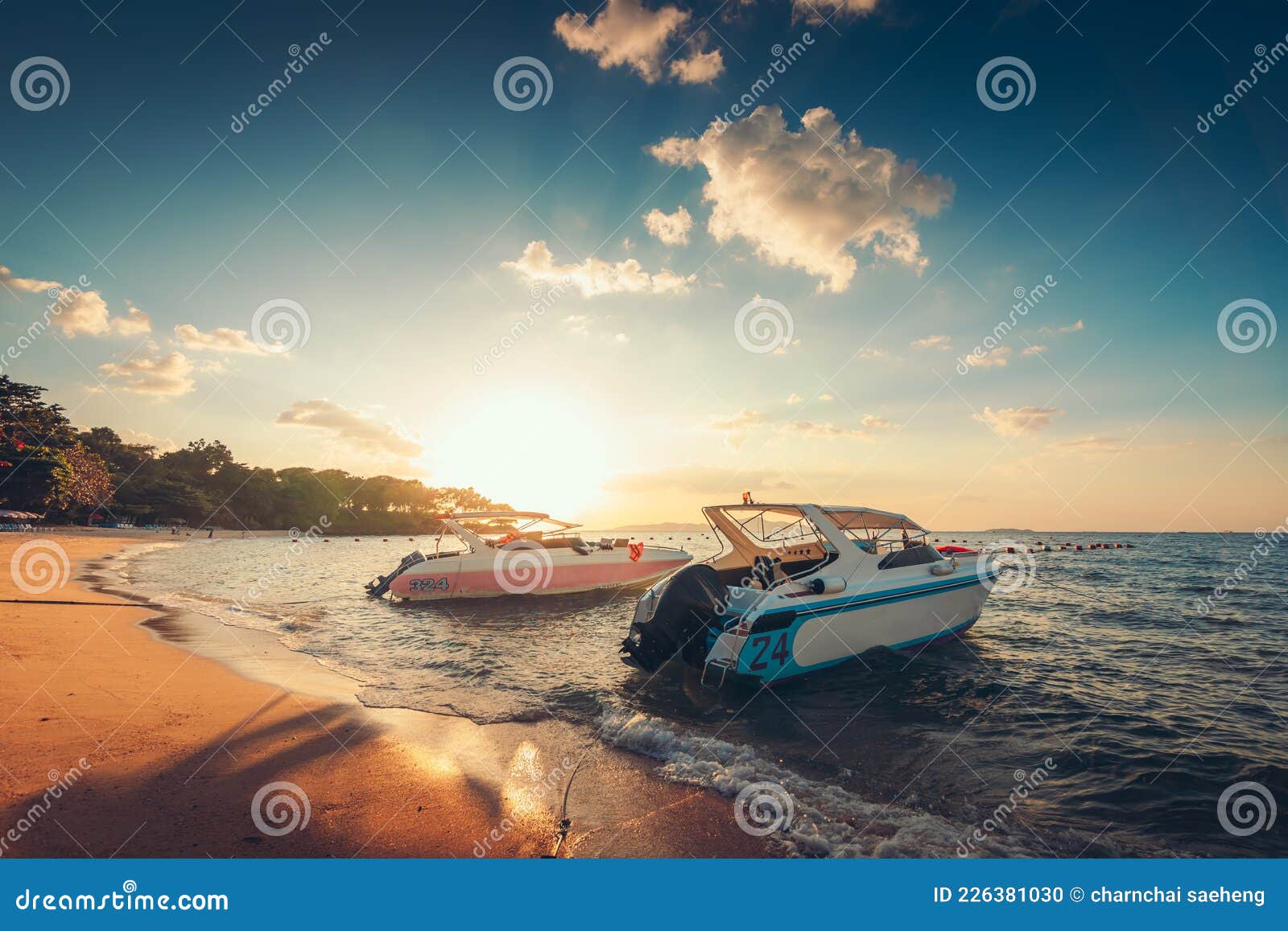Speed Boat at the Sea Beach and Sunset Stock Photo - Image of beach ...