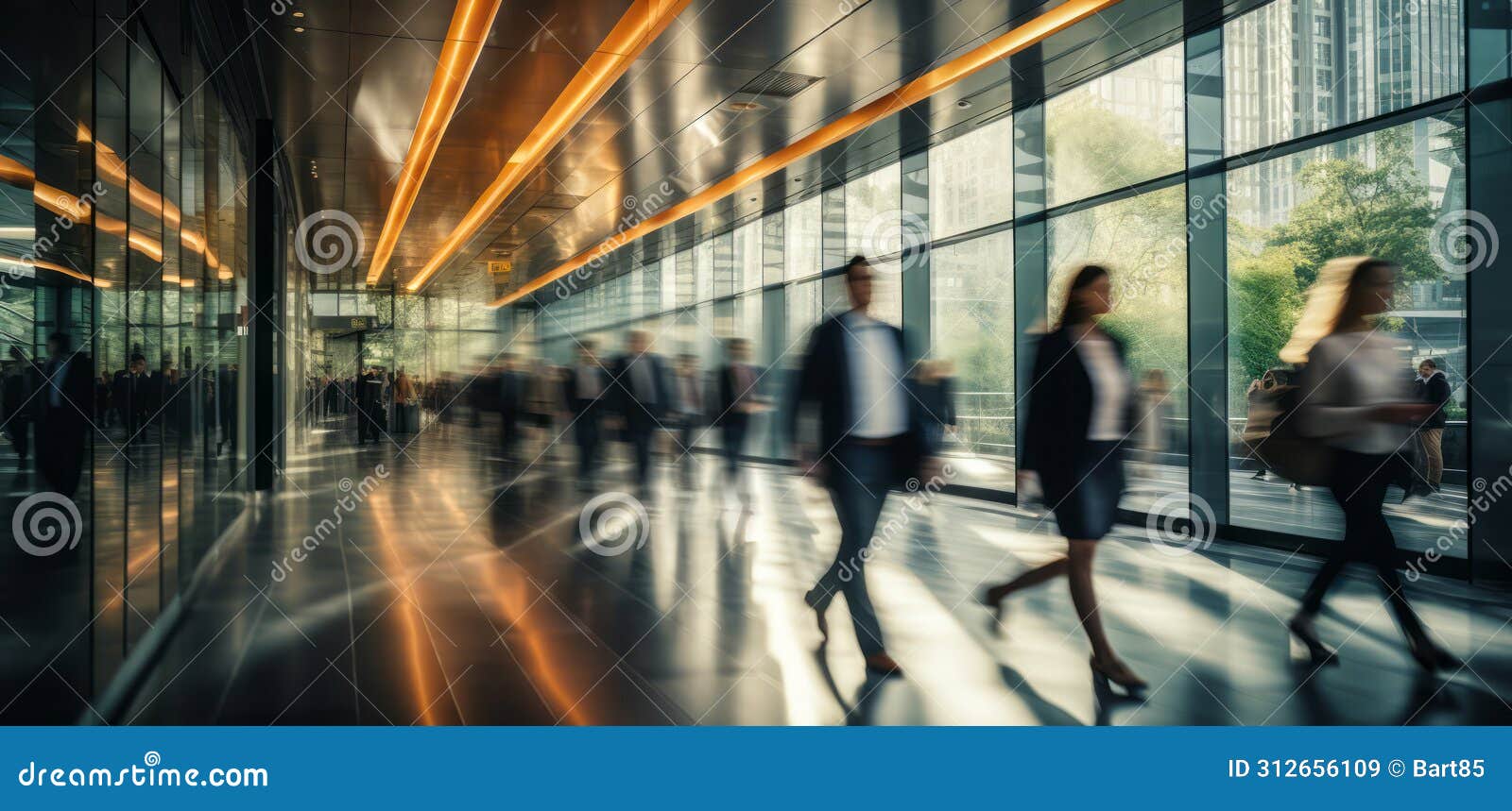 Speed of Business Blurry Long Exposure Shot of Office Workers in Lobby ...