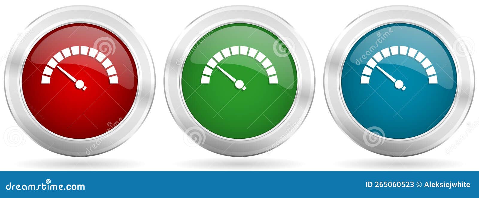 Speed Meter, Fast Indicator Vector Icon Set. Red, Blue and Green Silver ...
