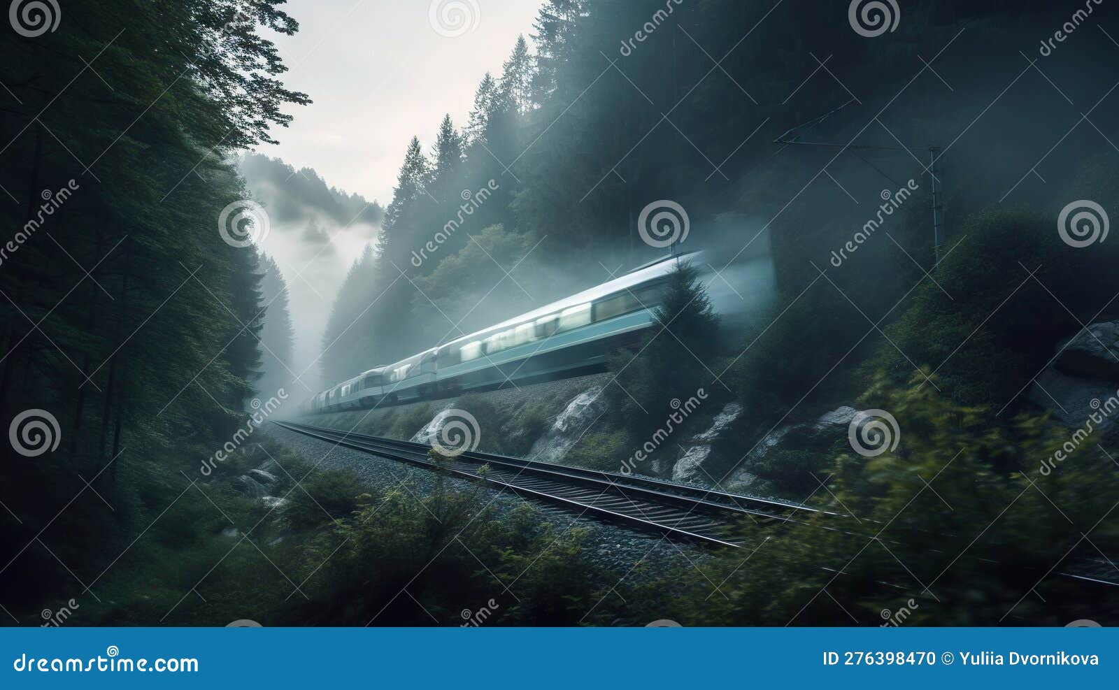 Speed Passenger Train Moving in the Mist Mountains Covered with Forest ...
