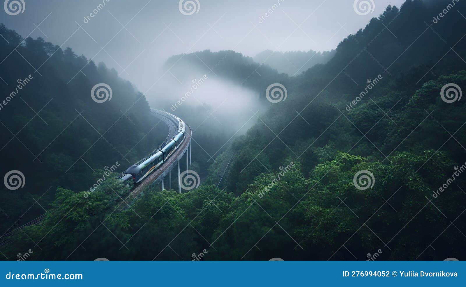 Speed Passenger Train Moving in the Mist Mountains Covered with Forest ...