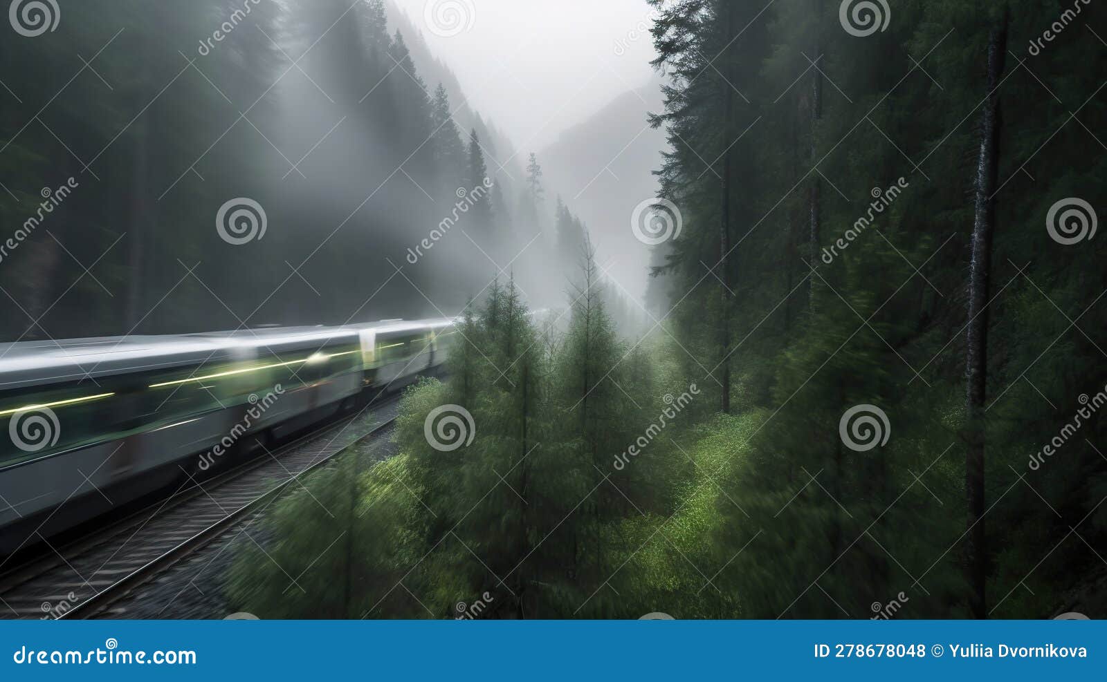 Speed Passenger Train Moving in the Mist Mountains Covered with Forest ...