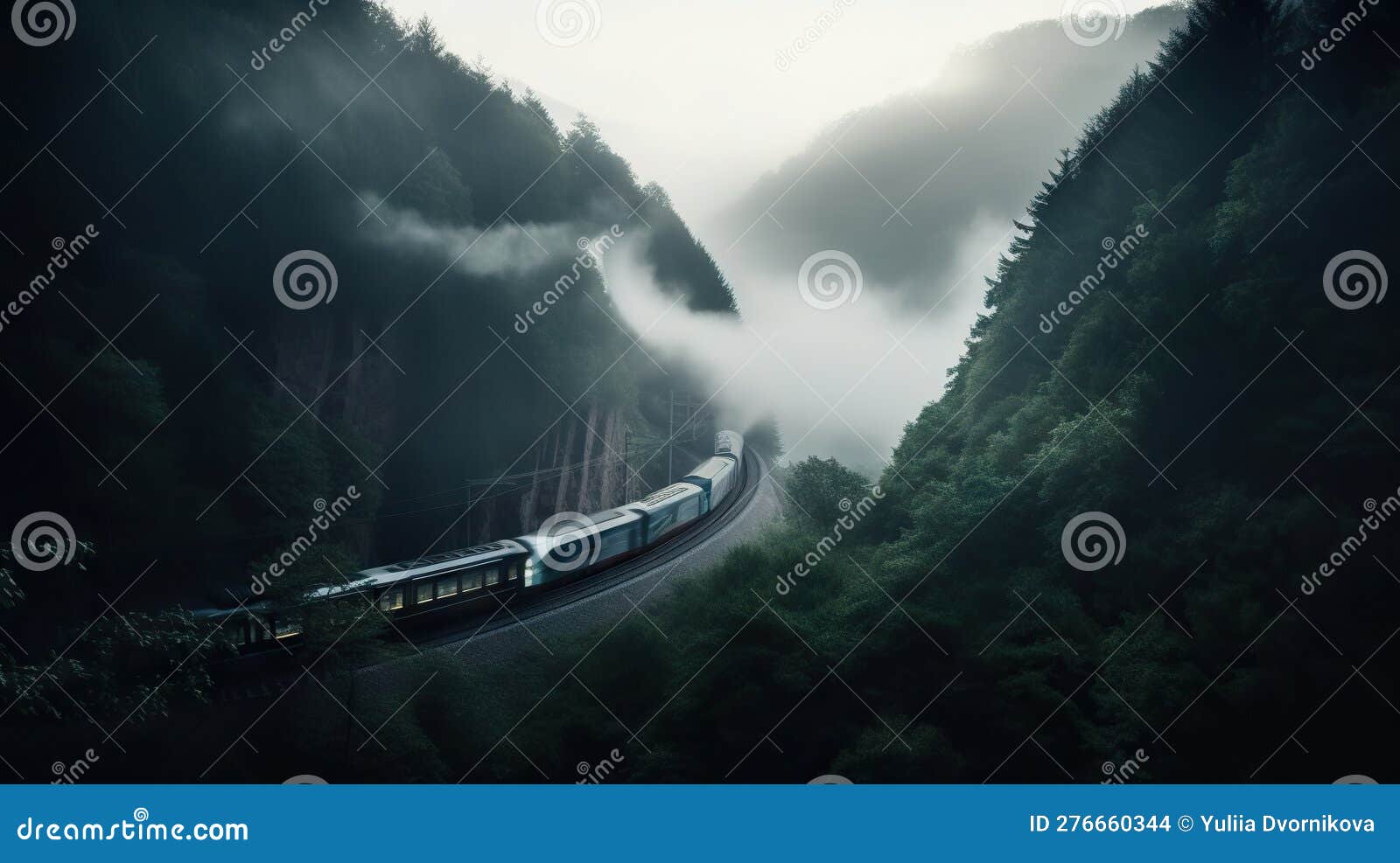 Speed Passenger Train Moving in the Mist Mountains Covered with Forest ...