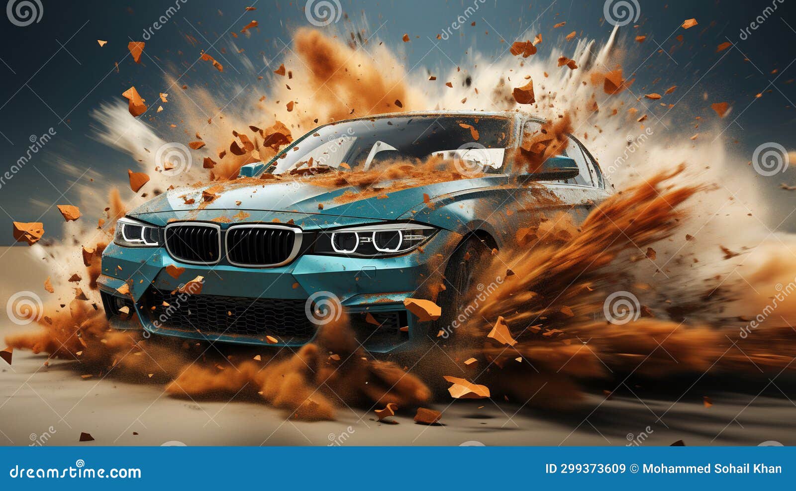 Speeding a Colorful Luxury Blue Car Disintegrating with Exploding Dust ...