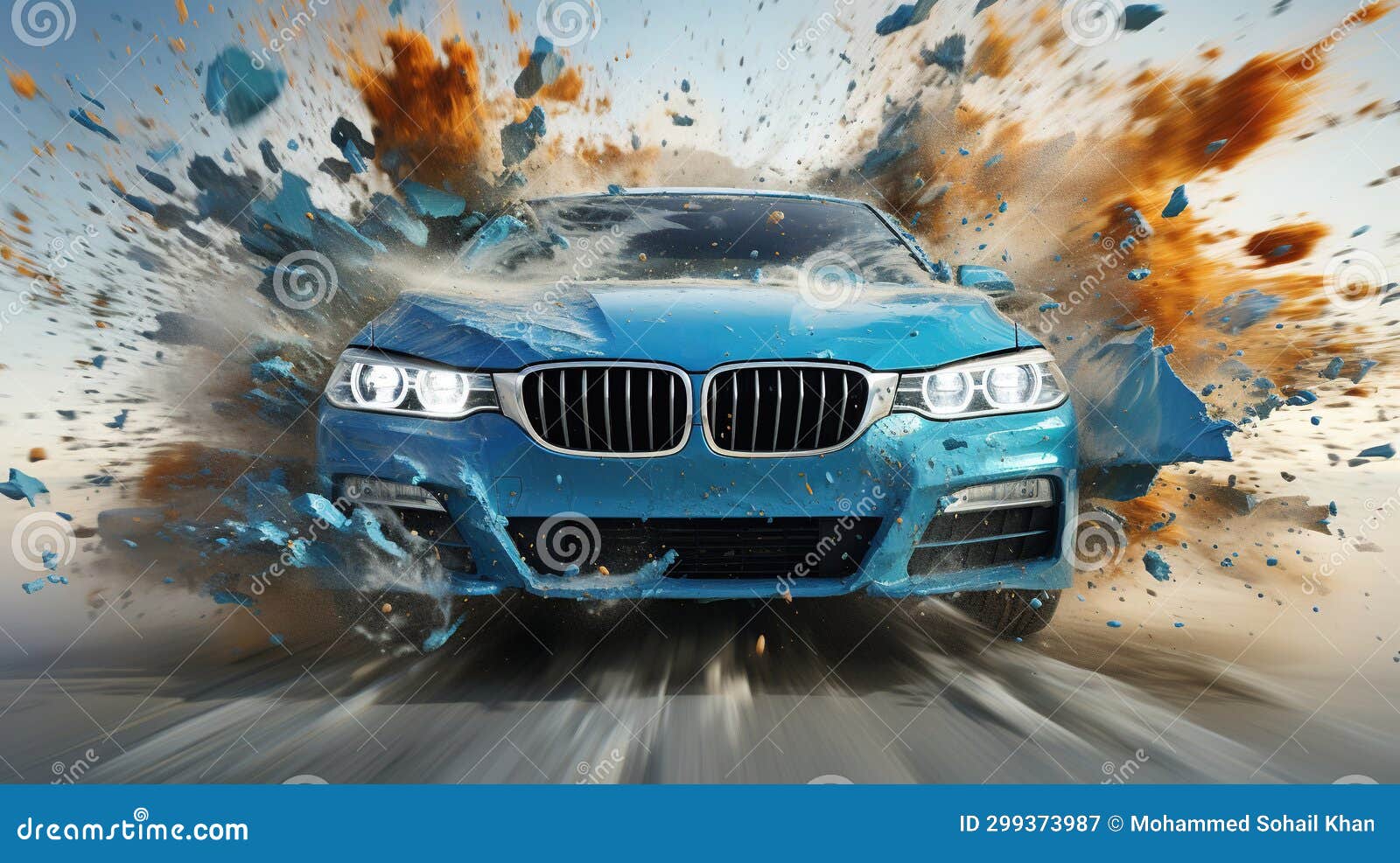 Speeding a Colorful Luxury Blue Car Disintegrating with Exploding Dust ...