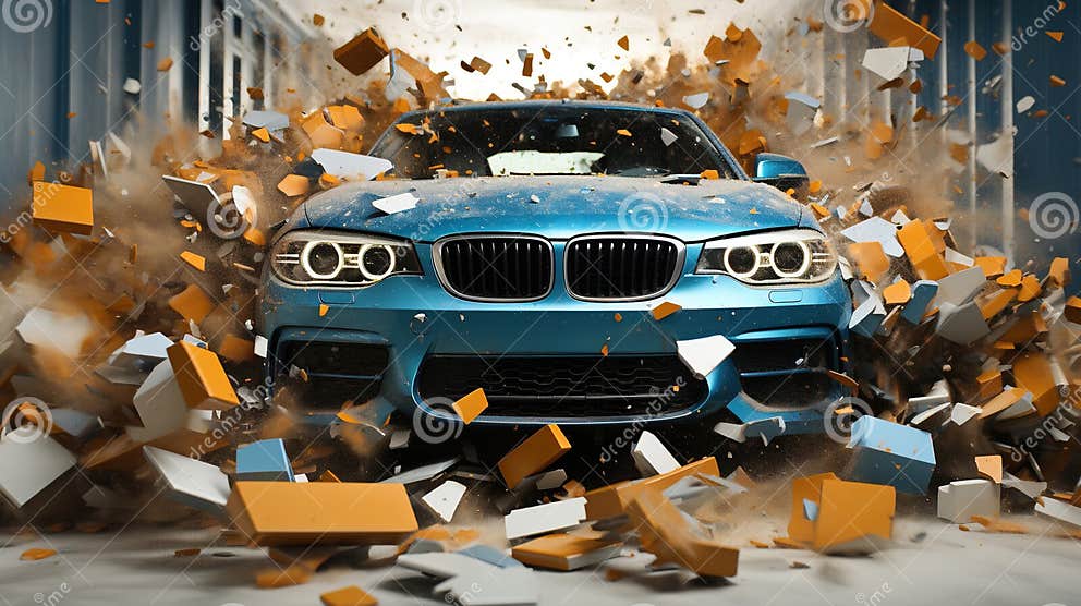 Speeding a Colorful Luxury Blue Car Disintegrating with Exploding Dust ...