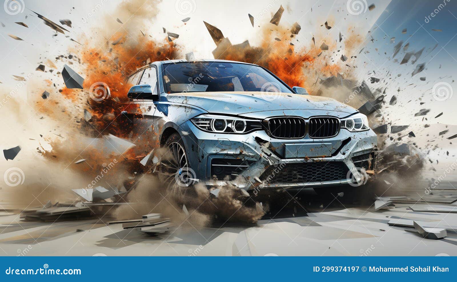 Speeding a Colorful Luxury Blue Car Disintegrating with Exploding Dust ...