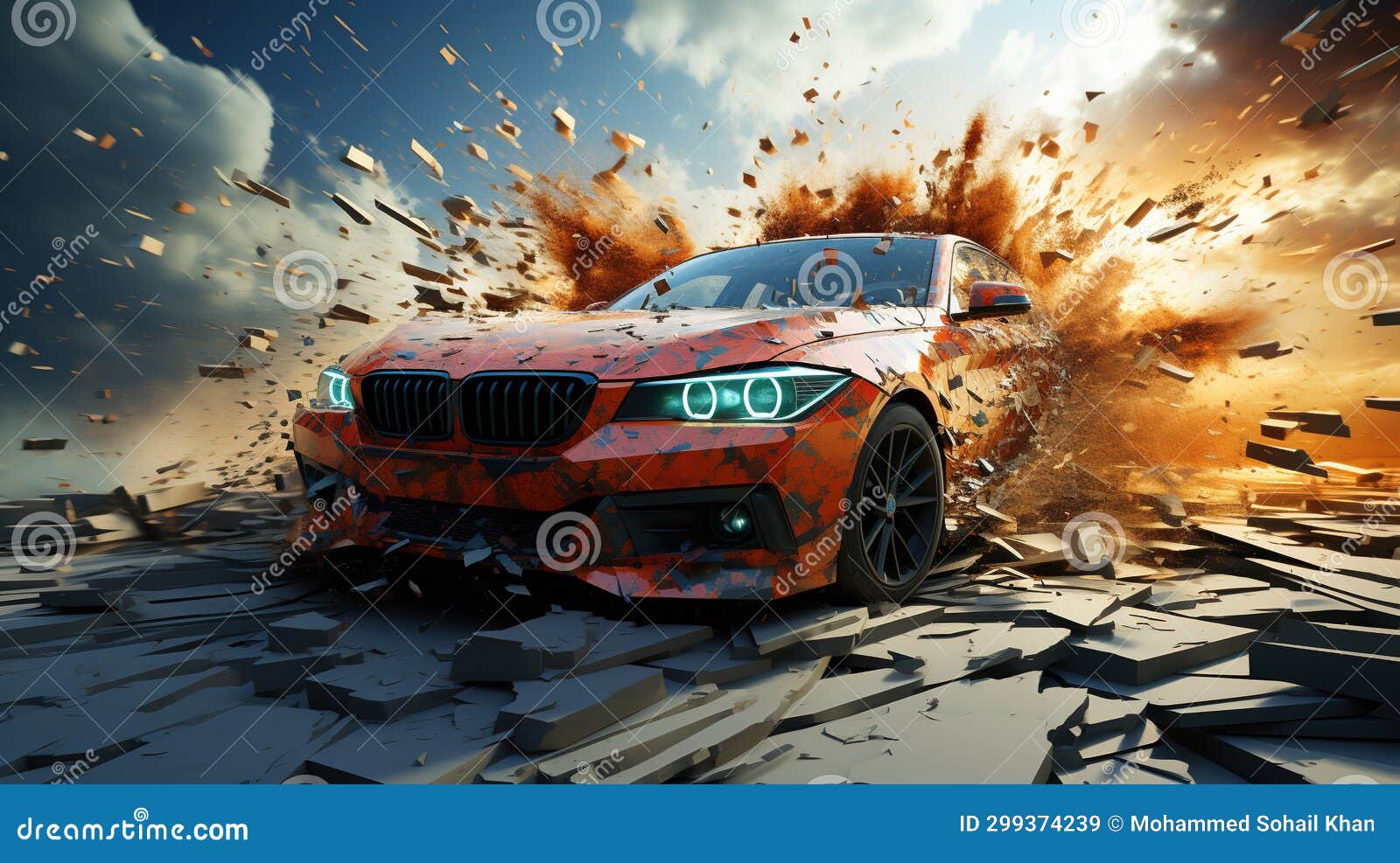Speeding a Colorful Luxury Red Car Disintegrating with Exploding Dust ...