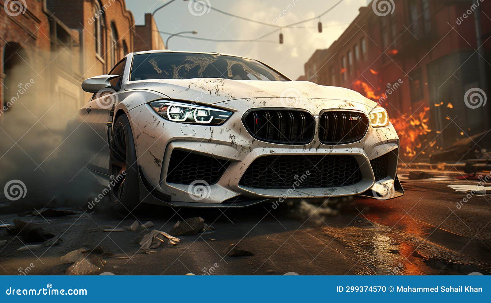 Speeding a Luxury White Car Disintegrating with Dust OnBlurry ...