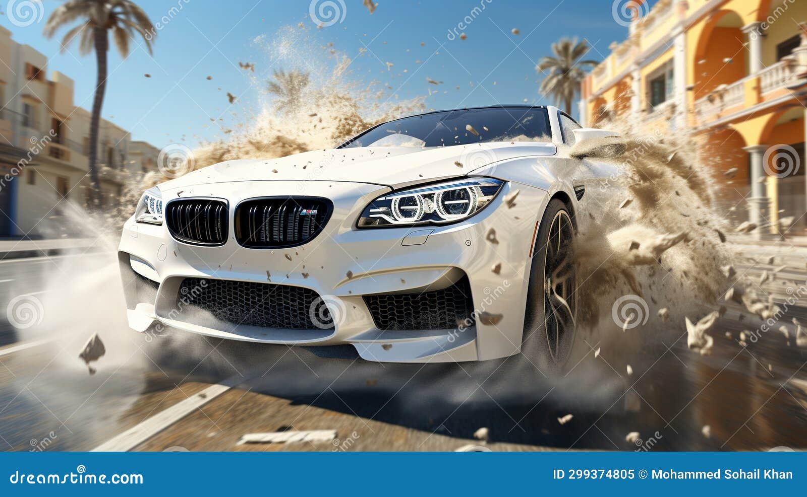 Speeding a Luxury White Car Disintegrating with Dust OnBlurry ...