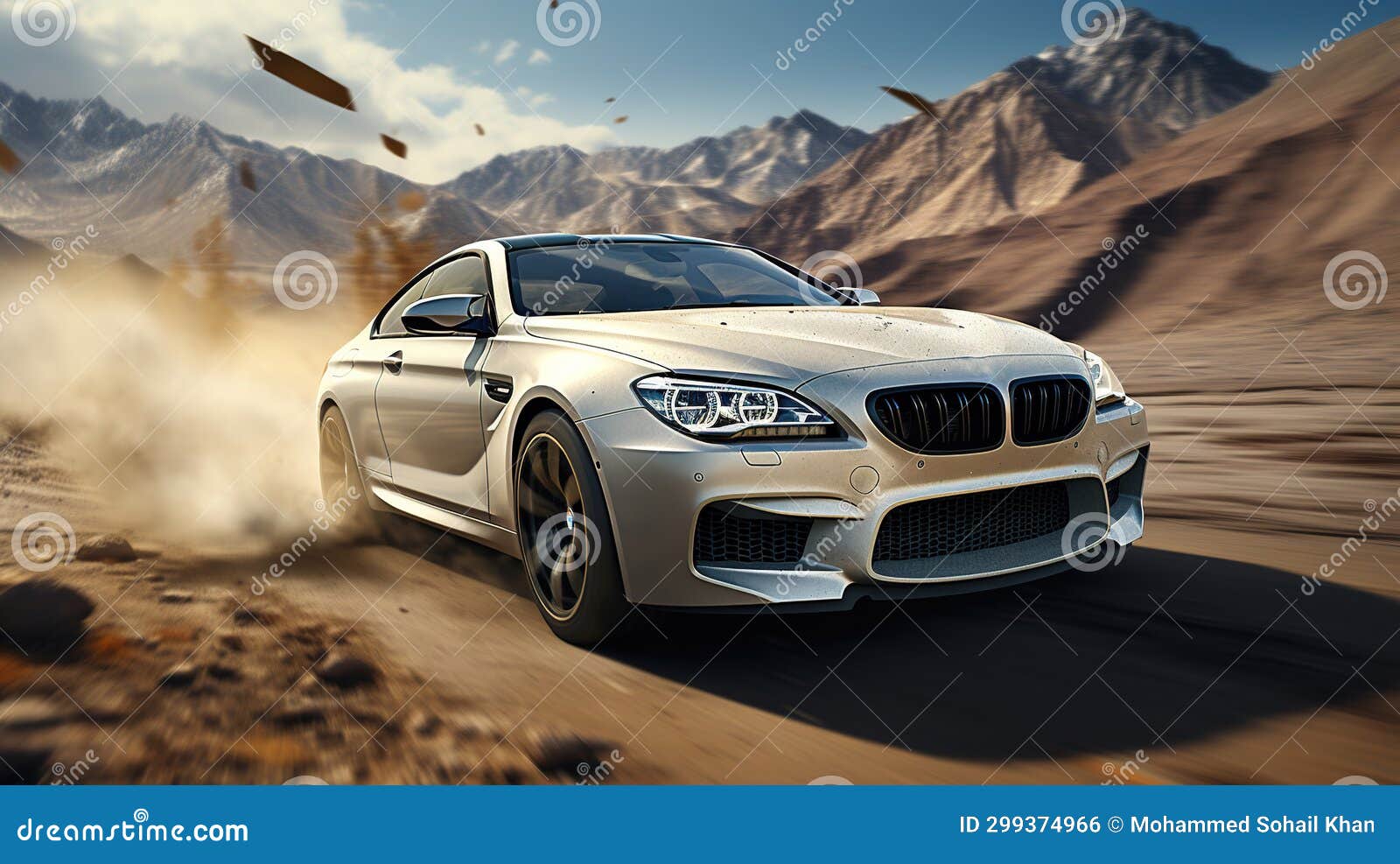 Speeding a Luxury White Car Disintegrating with Dust OnBlurry ...