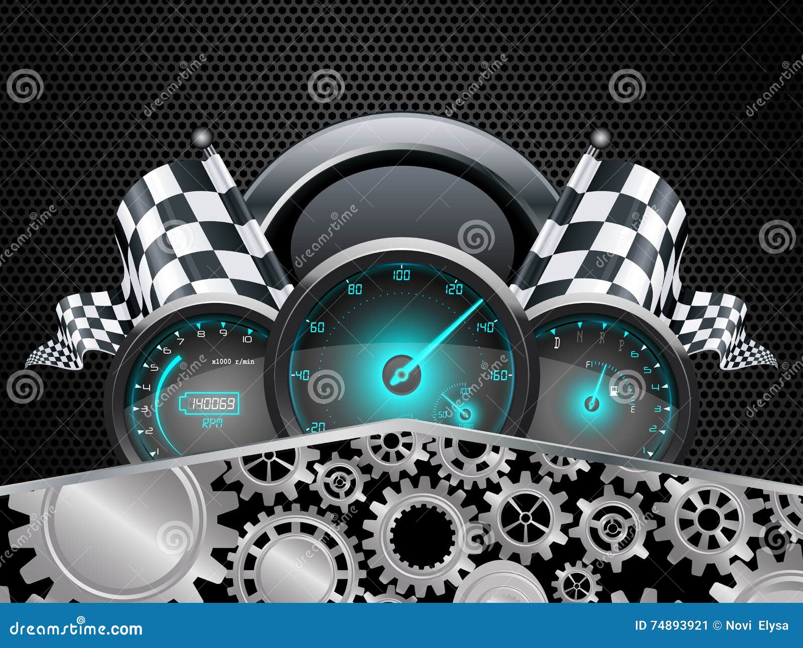Speedometer and Checkered Flags with Concept Gears Stock Vector ...