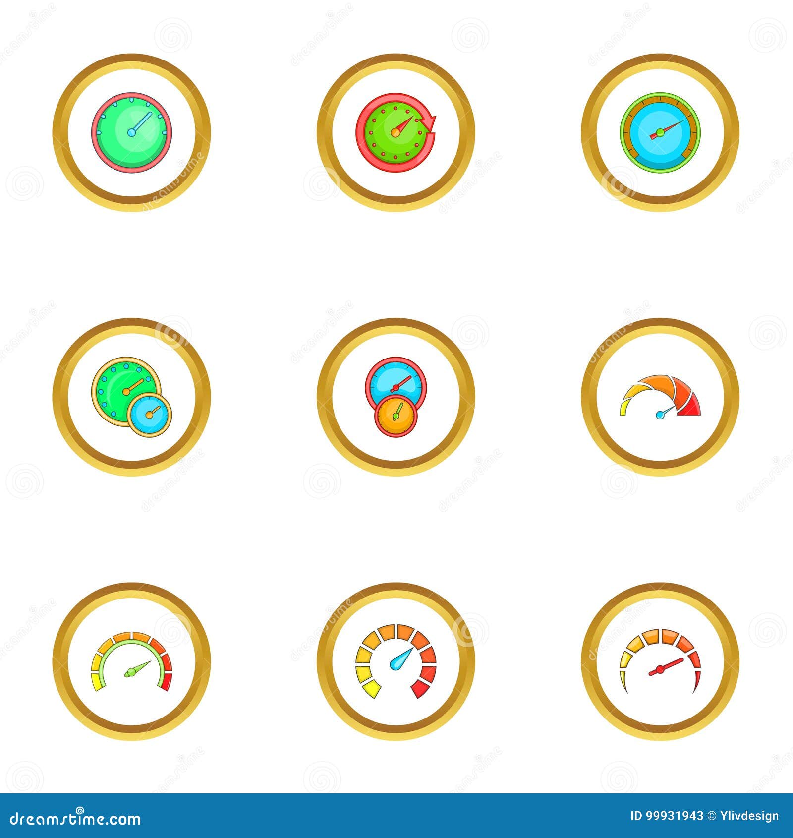 Speedometer Icons Set, Cartoon Style Stock Vector - Illustration of ...