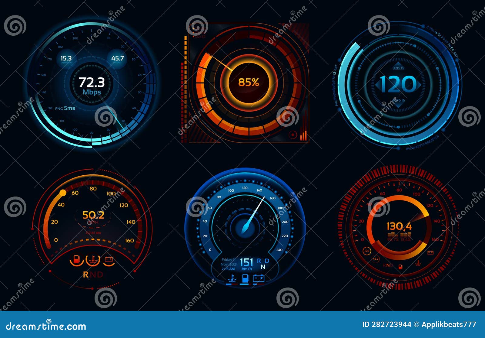 Speedometer Indicators. Power Meters, Fast or Slow Internet Connection ...