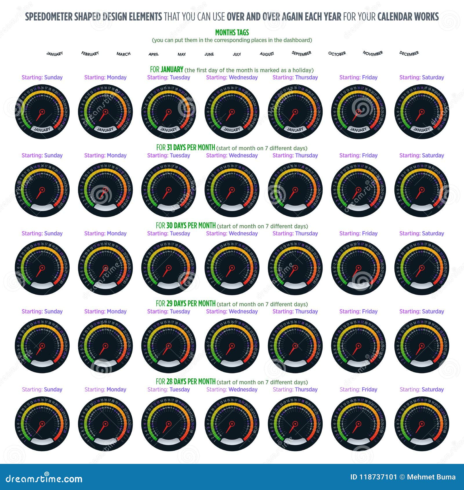 Speedometer Shaped Design Elements for Your Calendar Works Stock Vector ...